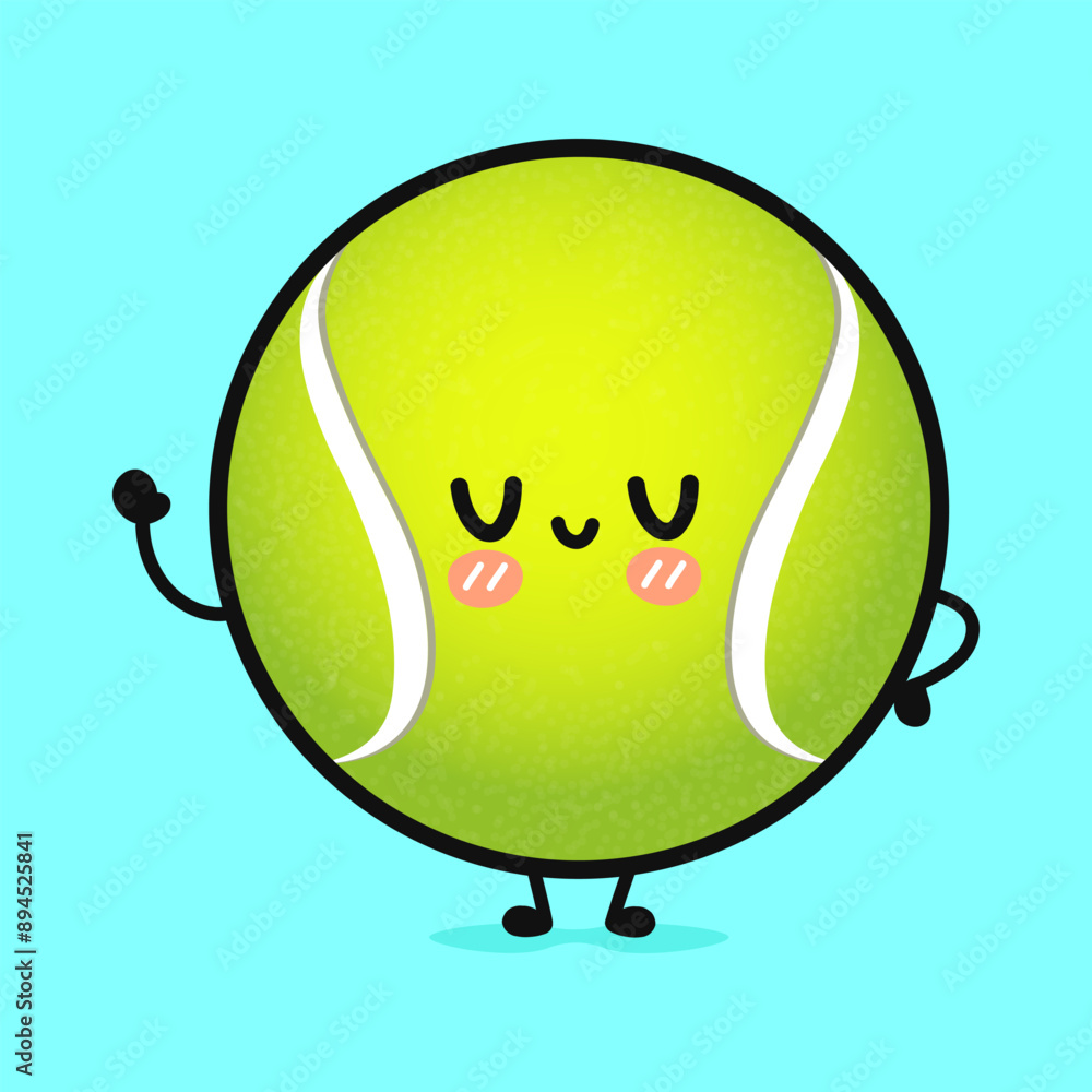 Cute funny Tennis ball waving hand. Vector hand drawn cartoon kawaii ...