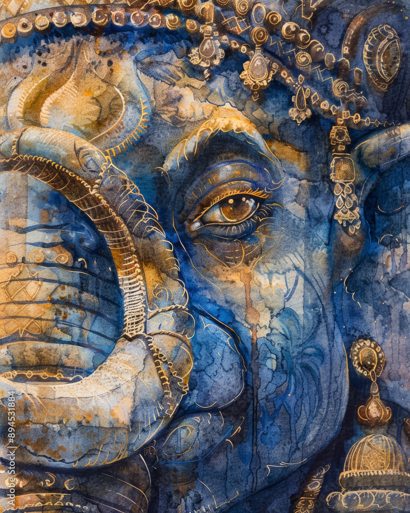 Watercolor close-up painting of Lord Varaha, with deep blues, golds ...