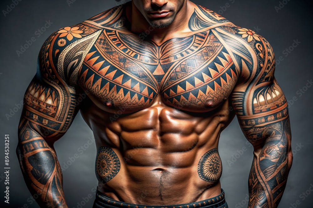Intricately detailed Polynesian style tattoo artwork adorns a muscular ...