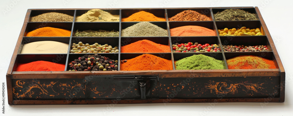 A beautifully arranged spice box with individual compartments for ...