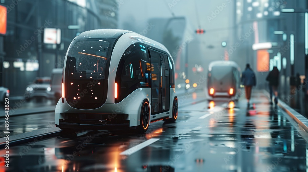 High-tech autonomous vehicle shuttle service at a futuristic city ...