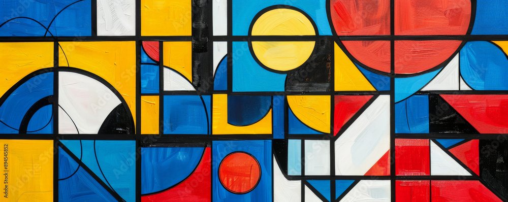 A contemporary abstract painting featuring geometric shapes and lines ...