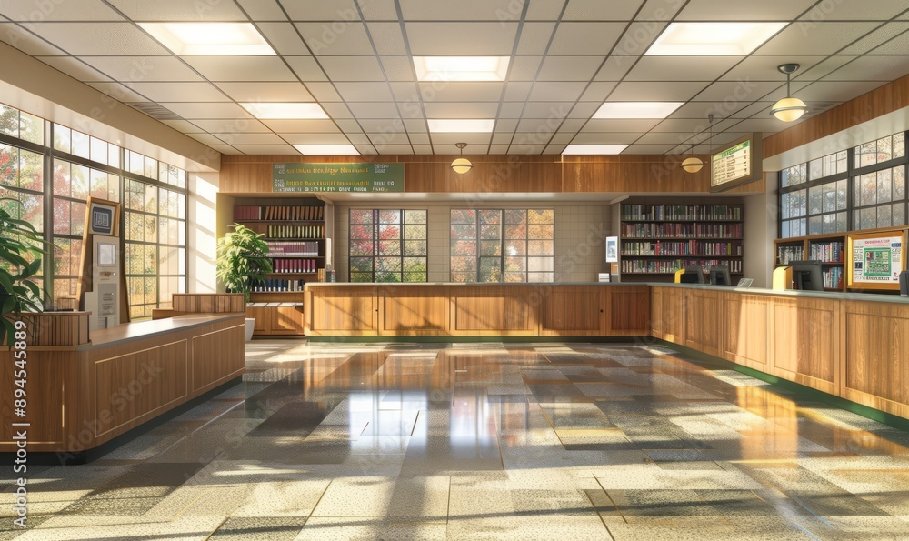 Public library lobby with a checkout counter and bulletin board for ...