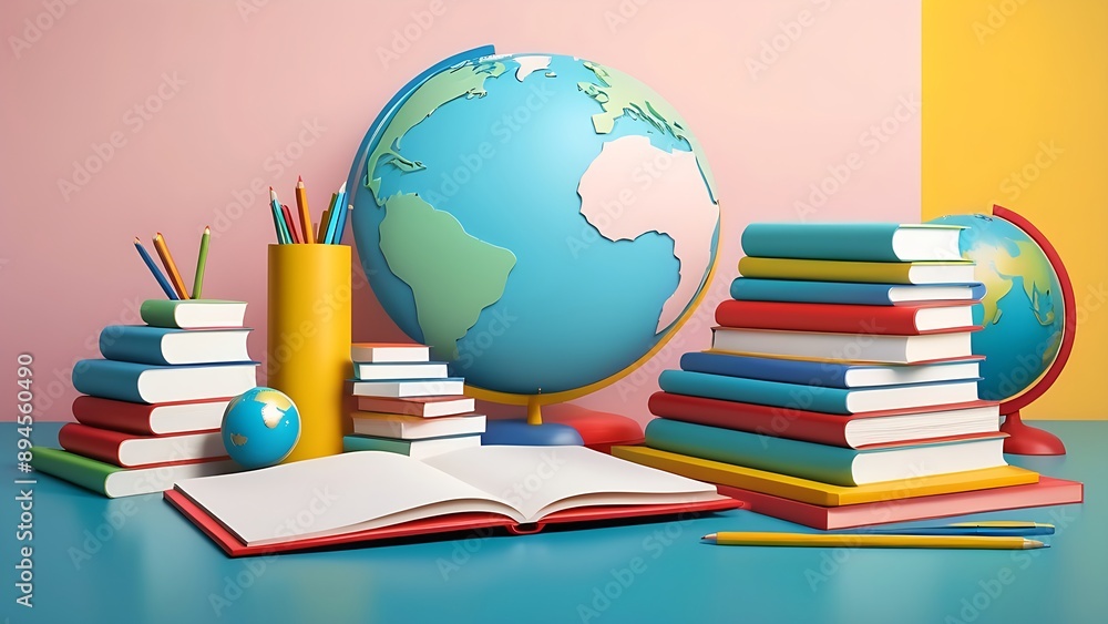 Stacked books, globe, pencils, chalkboard create a scene of learning ...