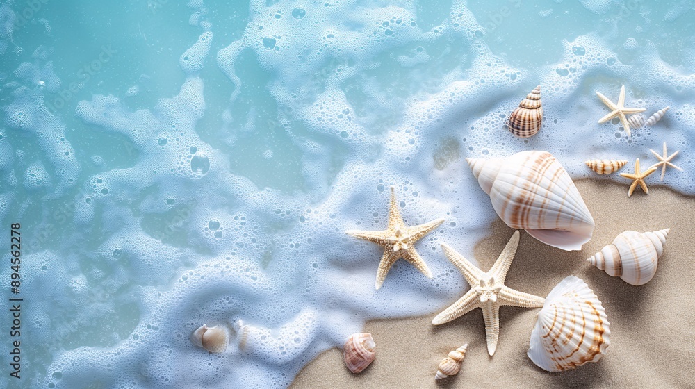 Ocean Wave Washing Over Seashells and Starfish, Beach Background ...