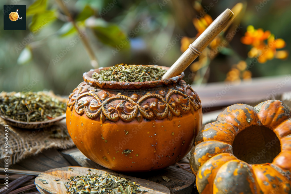 Traditional paraguayan mate drink in pumpkin calabash with bombilla ...