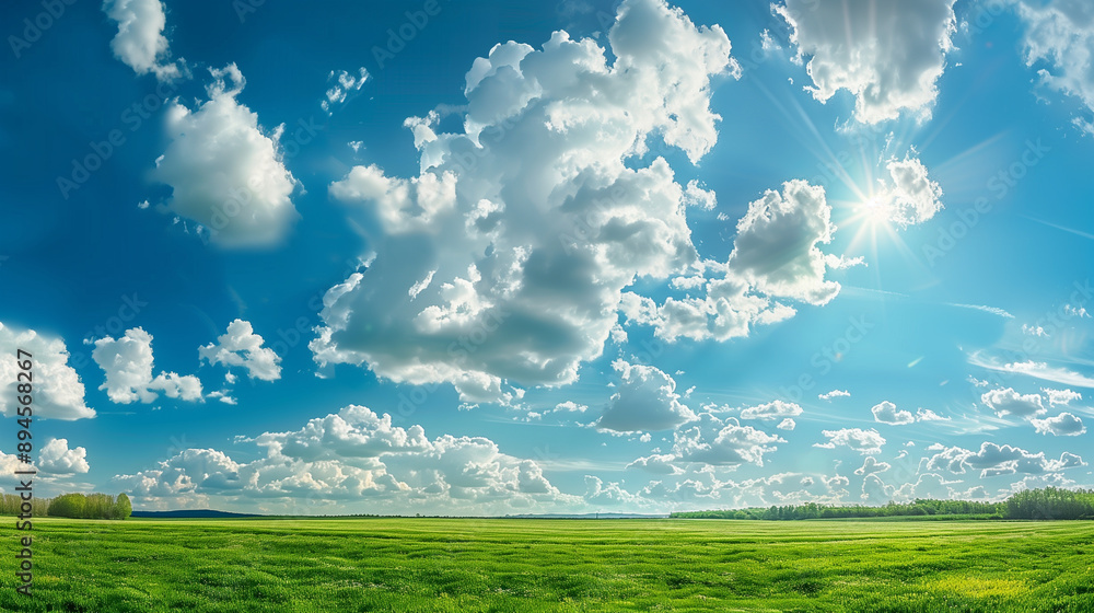 Beautiful summer sky with clouds on the horizon, wide angle, blue sky ...