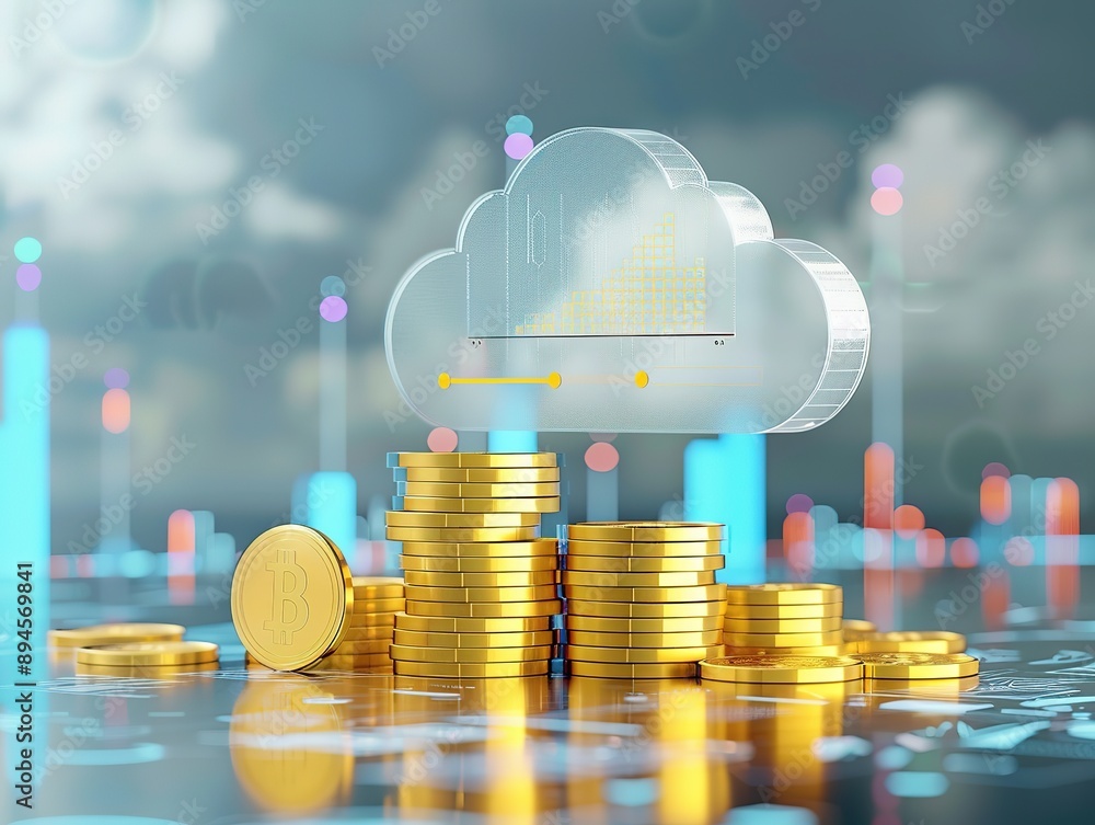 3D Render of Cloud Icon with Gold Coin Stacks and Digital Graphs ...