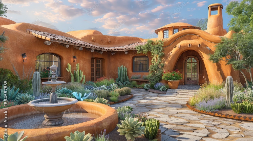 A charming adobe house with rounded edges, a courtyard with a fountain ...