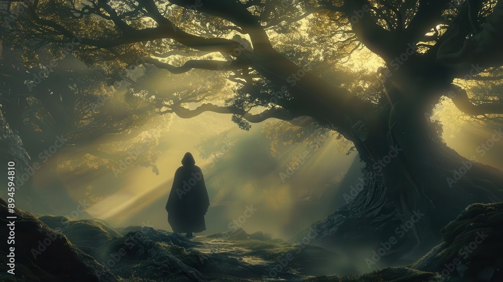 silhouette of a lone pilgrim traversing a misty valley towards radiant ...
