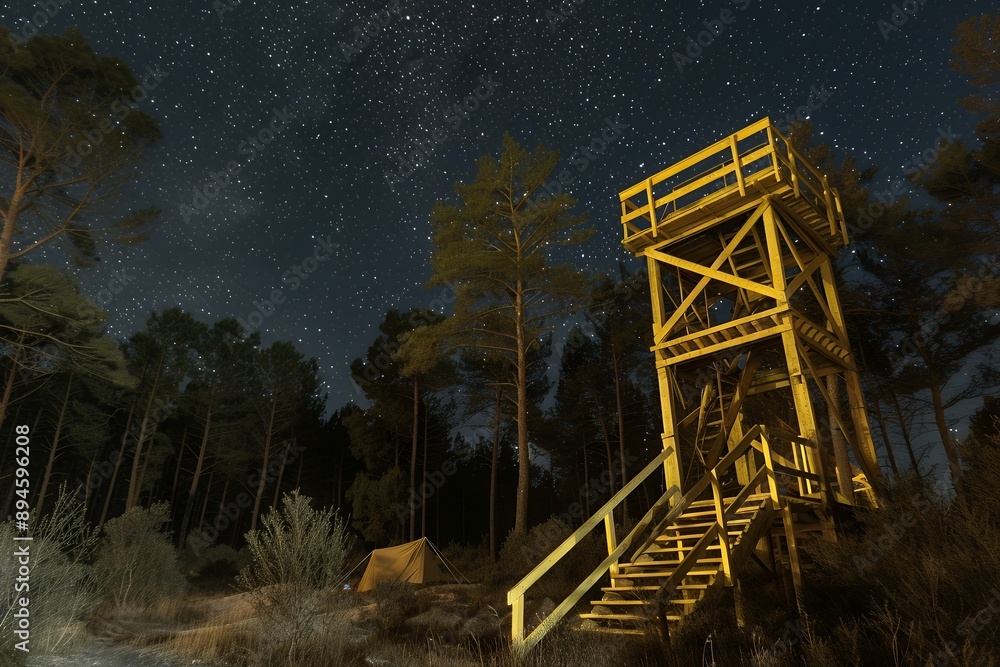 A night view of the forest with a starry sky and a watchtower made from ...
