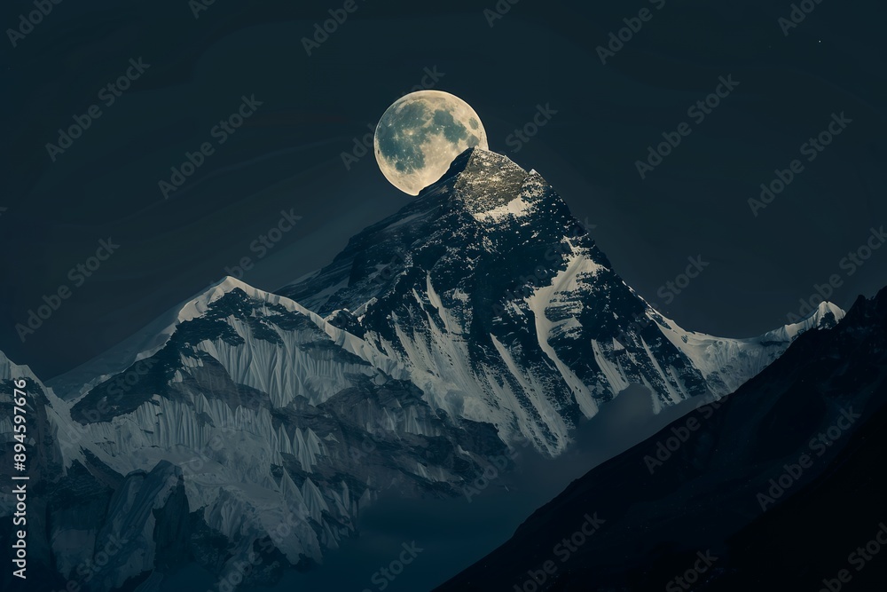 Moon over Mount Everest, India. Silhouette of the moon against the ...