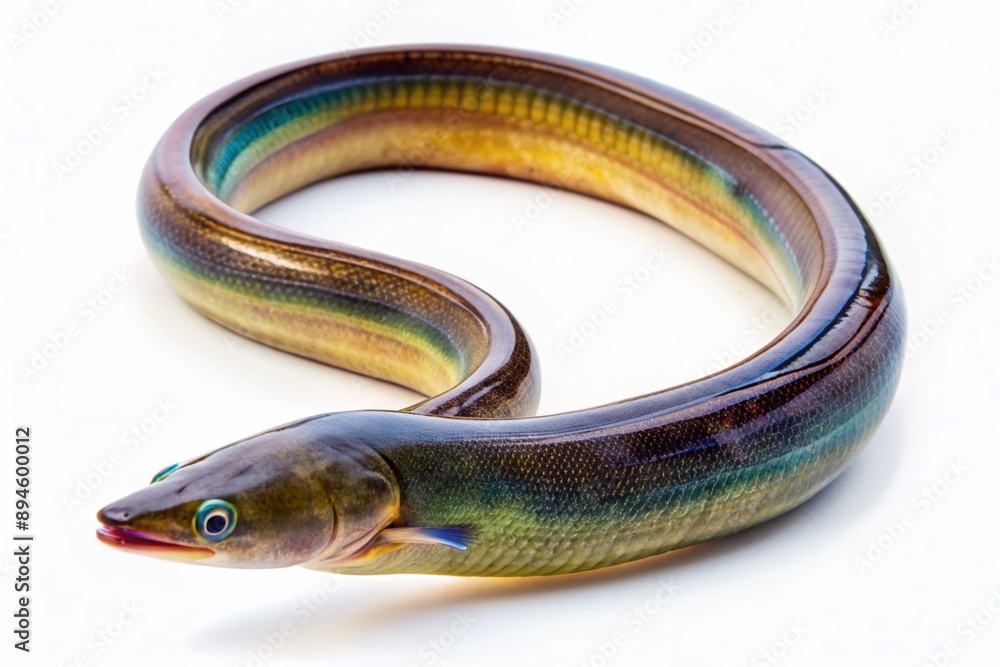 Vibrant close-up of an eel fish isolated on a pure white background ...