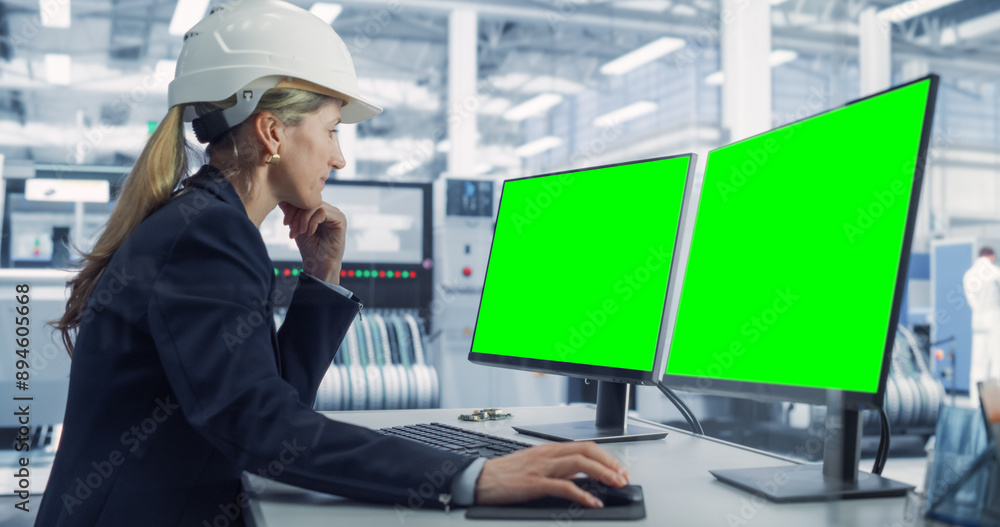 Caucasian Female Technician In Hardhat Working on Desktop Computer with Green Screen Chromakey ...