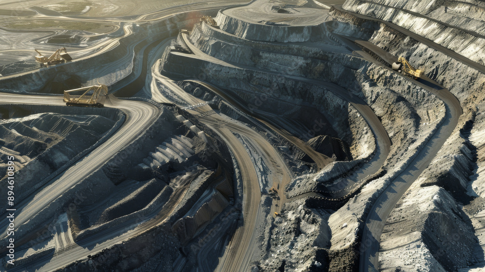 An expansive open-pit mining operation with terraced levels, roads, and ...