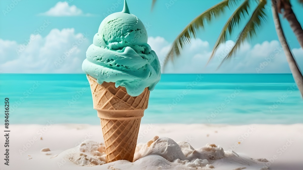 Bright Turquoise Ice Cream with a Beach Background. Copy Space Stock ...