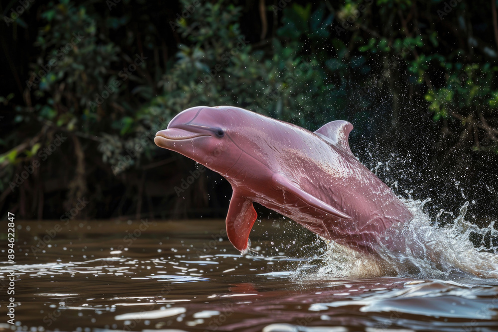 A rare and playful pink river dolphin leaping out of the water in the ...