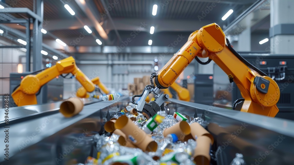 A futuristic waste management facility with robotic arms sorting ...