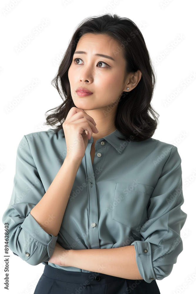 Woman thinking while looking up,doubtful and hesitant,transparent ...