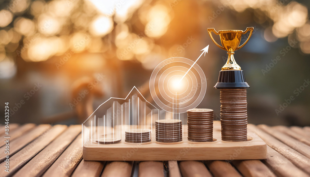 Achievement and success, featuring symbols like a rising graph, a ...