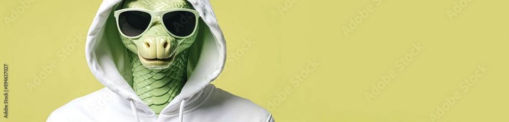Cool snake wearing white hoodies and sunglasses on pastel yellow ...