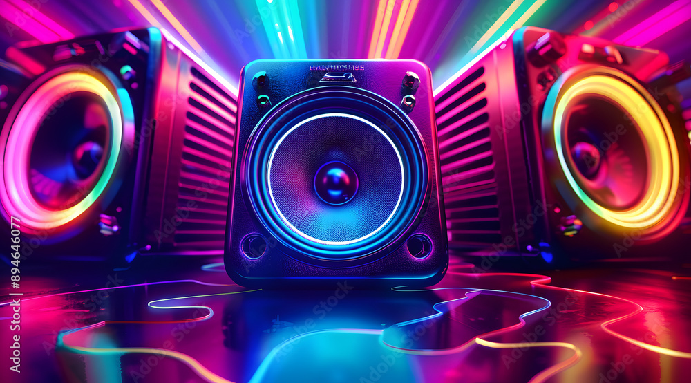 Eye-catching speakers with pulsating sound waves in a spectrum of neon ...