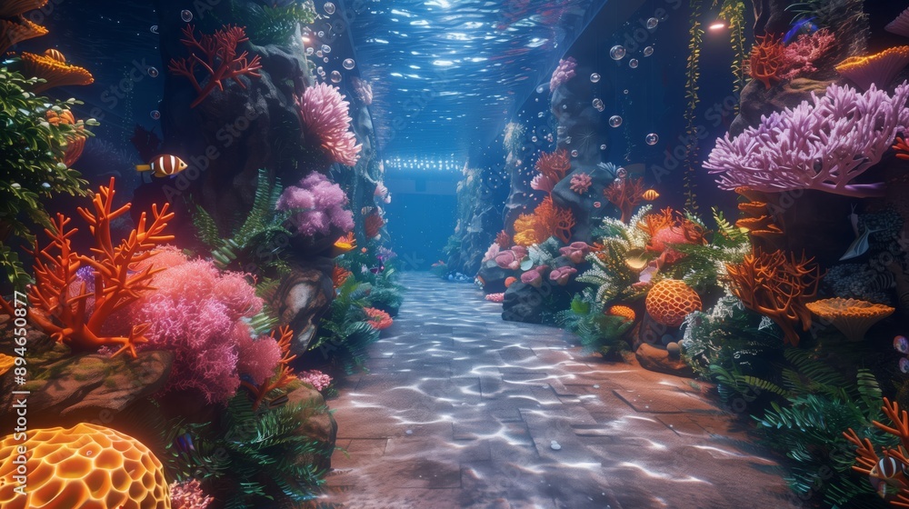 An underwater-themed classroom hallway features vibrant coral reefs and ...
