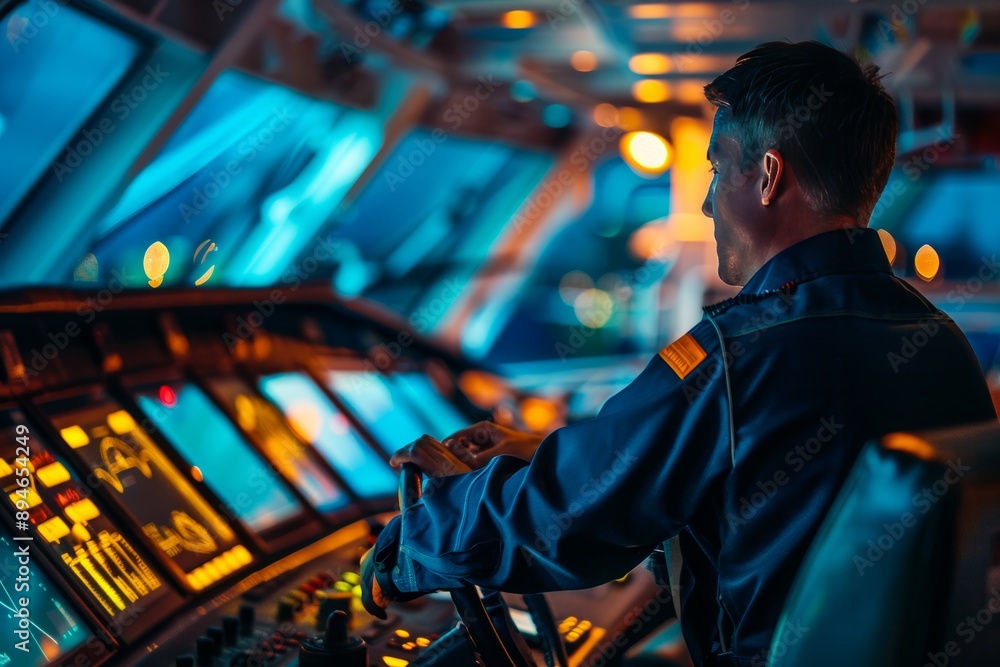 Captain and navigation officer in control room of cargo ship during ...