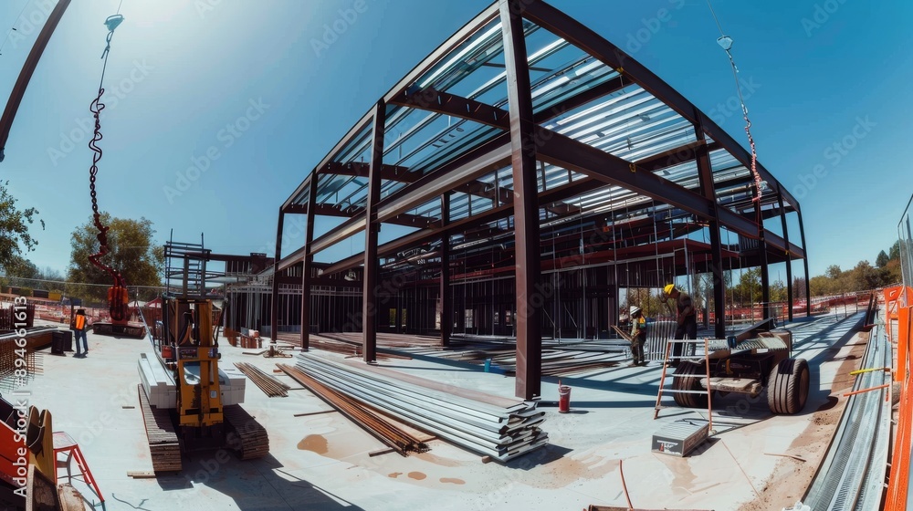 A panoramic view of a construction crew assembling steel frames for a ...
