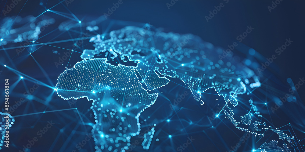 Blue Digital world map for data handling and communication, global city ...