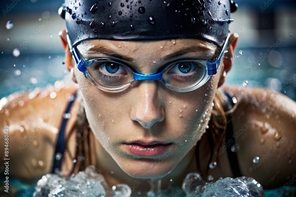 Sports swimming. Women's swim. An athlete wearing swimming glasses in a ...