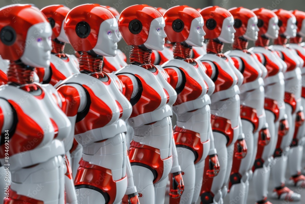 A row of identical humanoid robots with red and white color schemes, standing in perfect ...