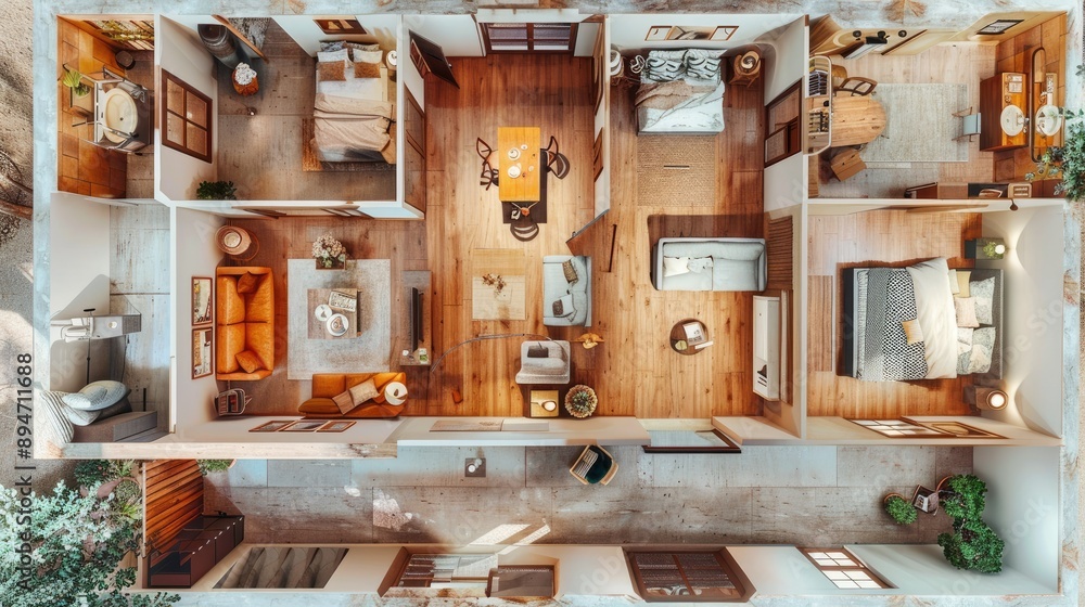 Accurate 3D floor plan of a house, viewed from above, capturing the ...