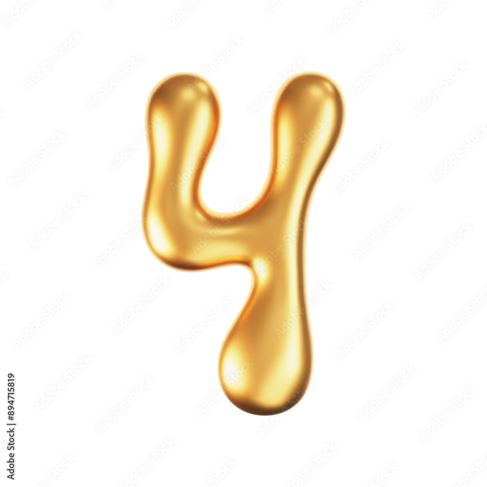 3d gold liquid number 4 in y2k style isolated on a white background ...