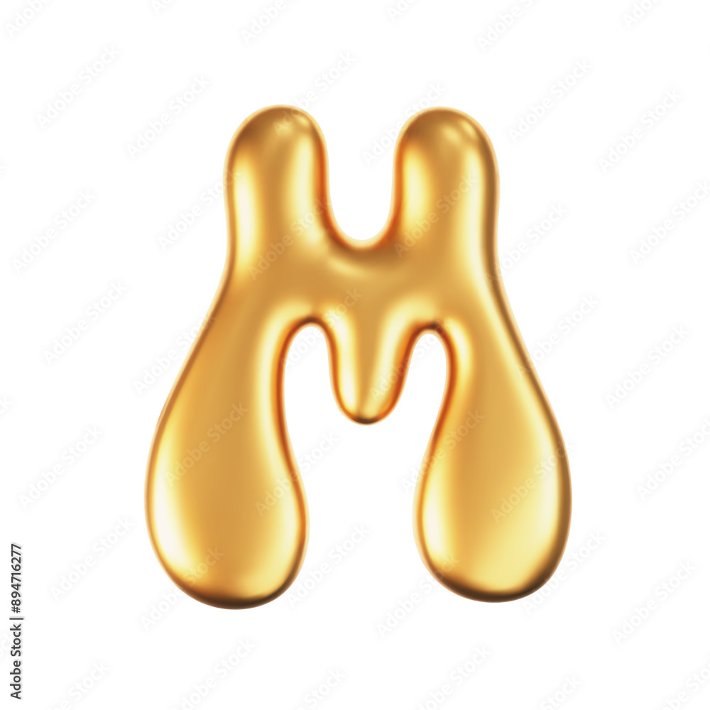 3d gold liquid letter M in y2k style isolated on a white background ...