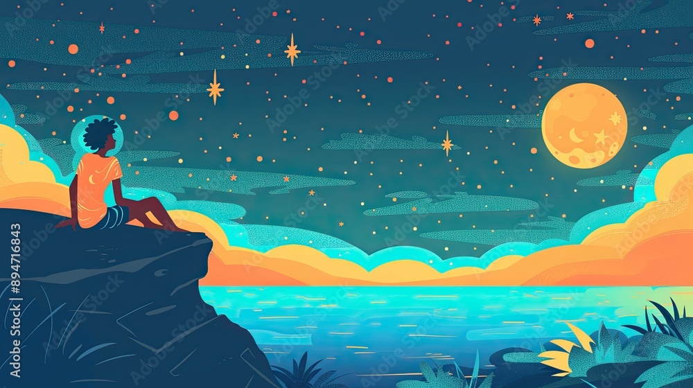 Dreaming under the stars flat design side view peaceful theme cartoon ...
