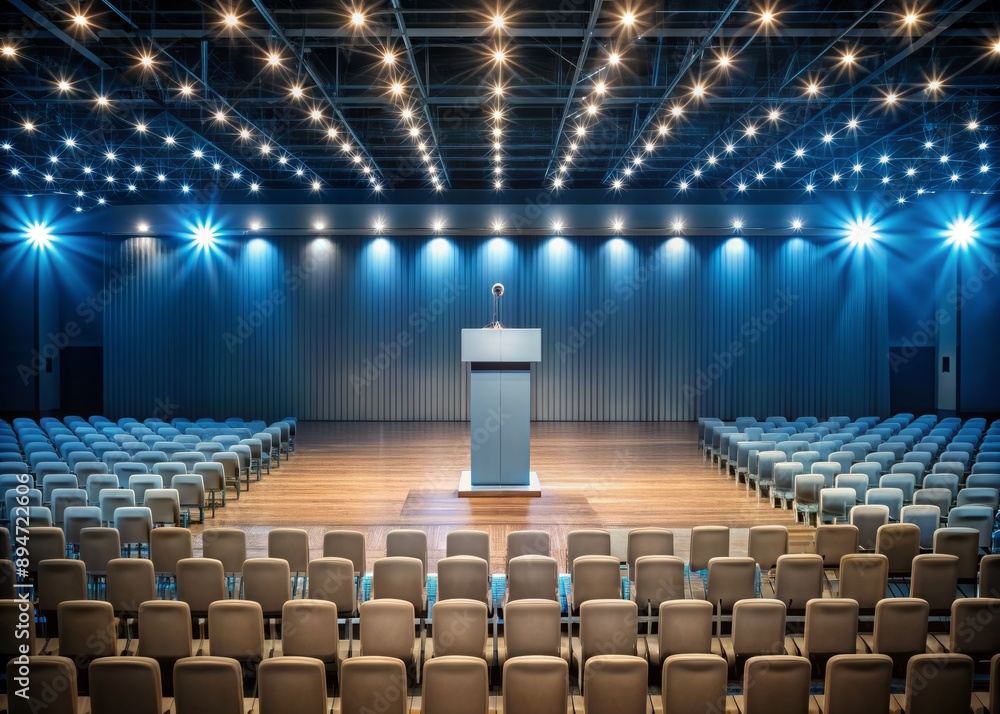 Energetic podium spotlights a vacant stage, awaiting a charismatic ...