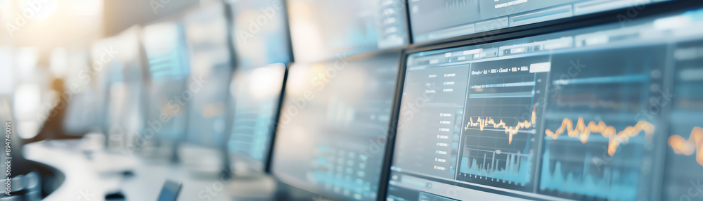 A modern office space with multiple screens displaying real-time data ...