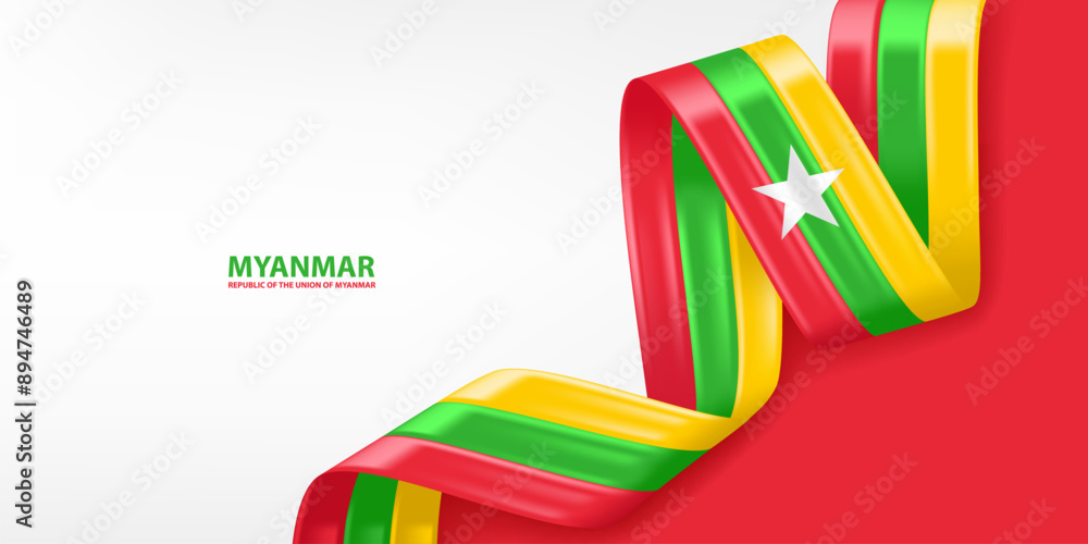 Myanmar 3D ribbon flag. Bent waving 3D flag in colors of the Myanmar ...