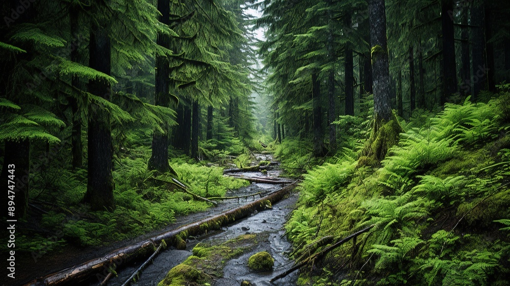 National Forest in Ketchikan, Alaska. Sitka spruce, ferns, and rocky ...