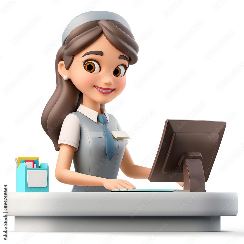 58. "A cheerful hotel receptionist assisting guests at the front desk ...