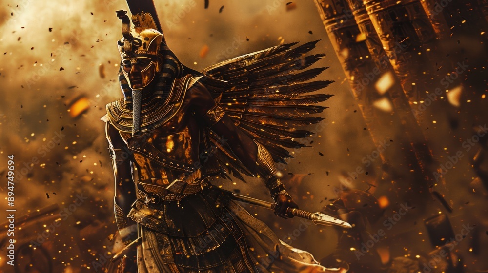 Anubis statue in dark armor wields scimitar against dramatic background ...