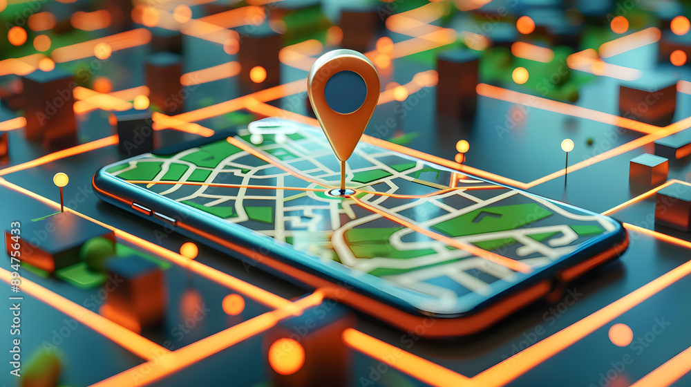 Concept of geofencing, featuring a digital map with virtual boundaries, a location pin, and a ...
