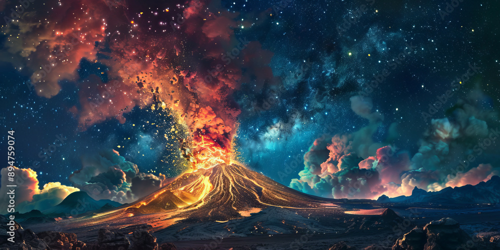 Illustration of Erupting volcano with lava under starry night sky and ...