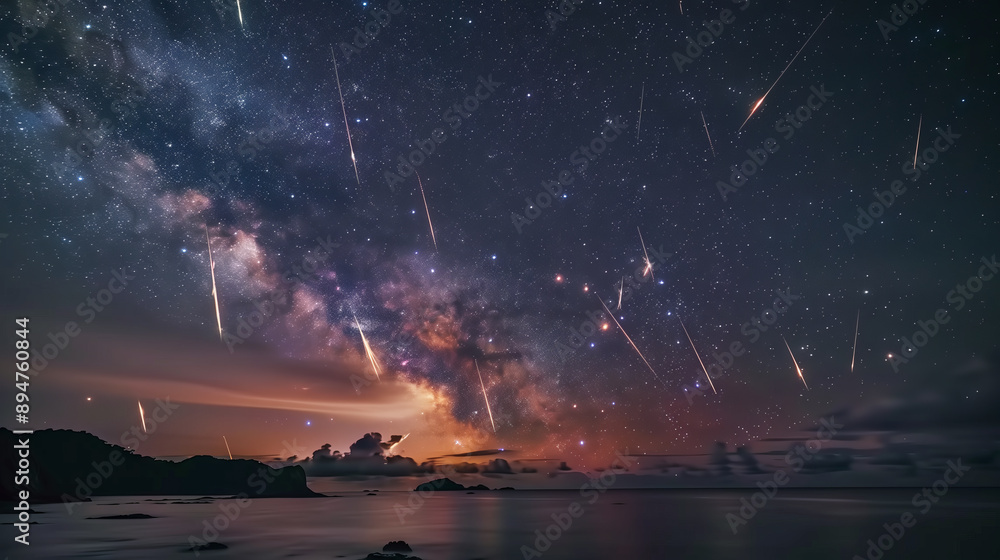 Perseid meteor shower over a coastal landscape at night. Milky Way and ...