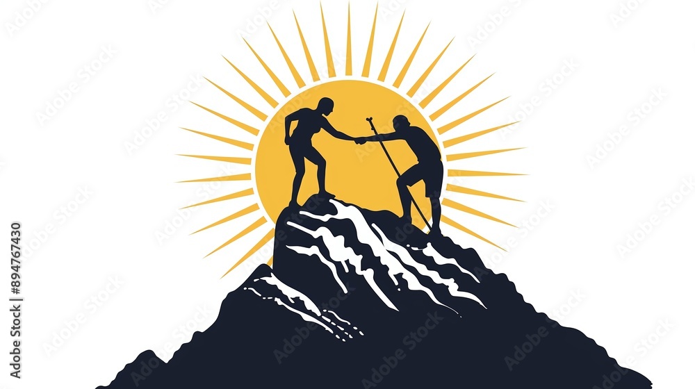 Hand drawn logo of two people helping each other reach the top, with ...