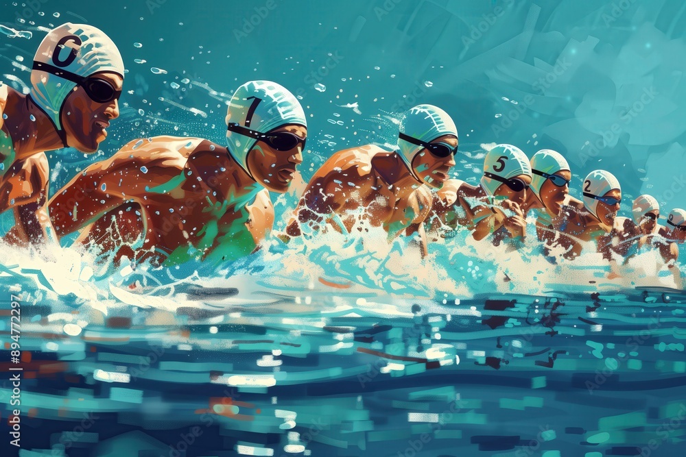 Swimming pool, competitive swimmers, detailed flat design illustration ...