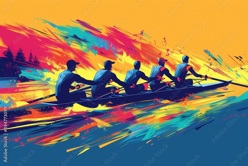 Rowing team, synchronized rowing, detailed flat design illustration ...