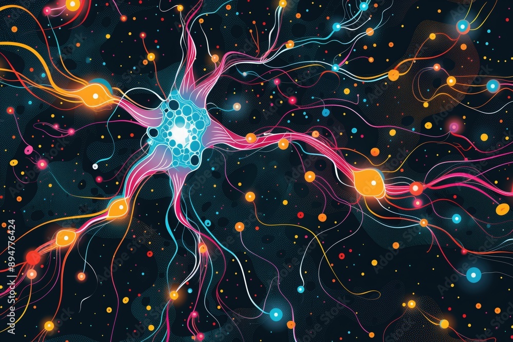 Nervous system, neuron pathways, detailed flat design illustration of the nervous system with ...