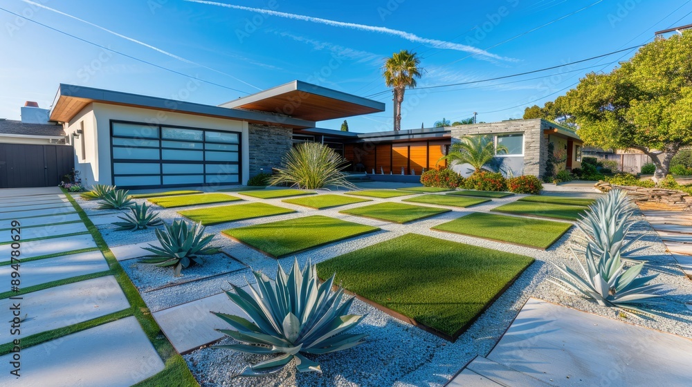 A modern front yard with a geometric lawn pattern and drought-resistant ...